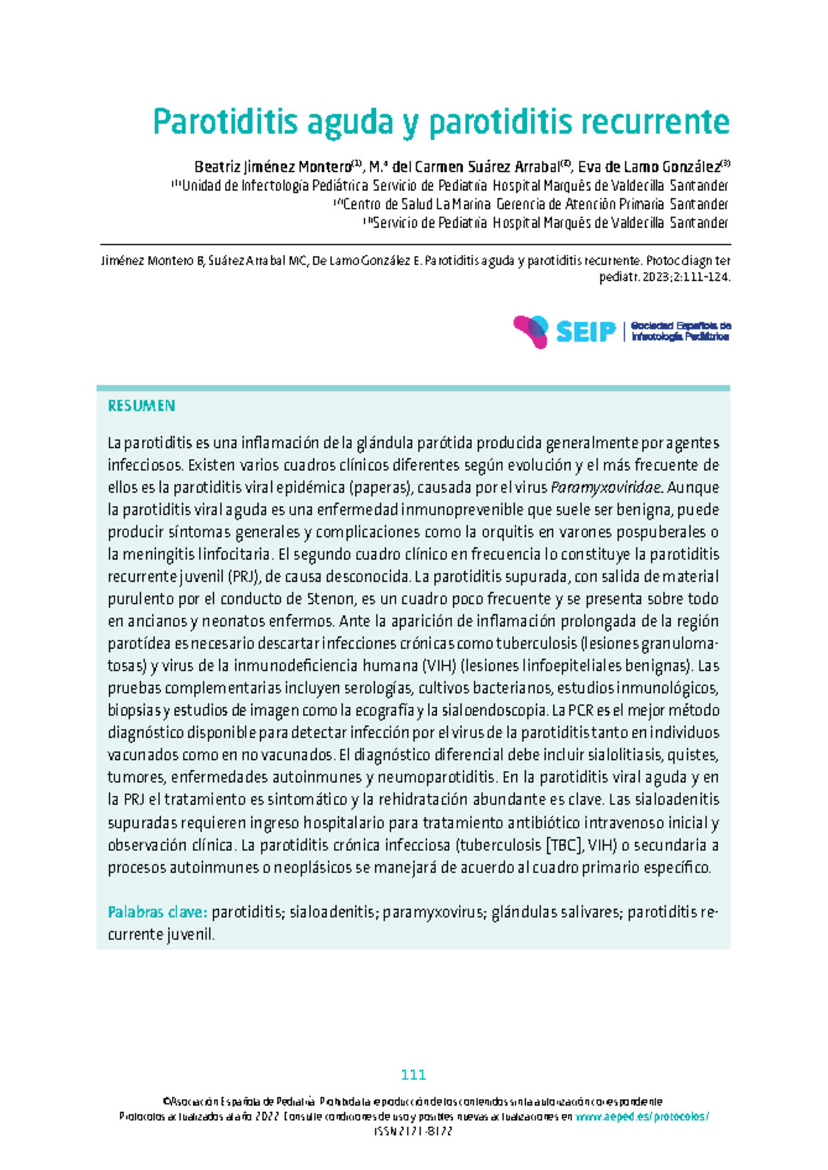 Pediatría 111: Protocolo sobre Parotiditis Aguda y Recurrente - Studocu