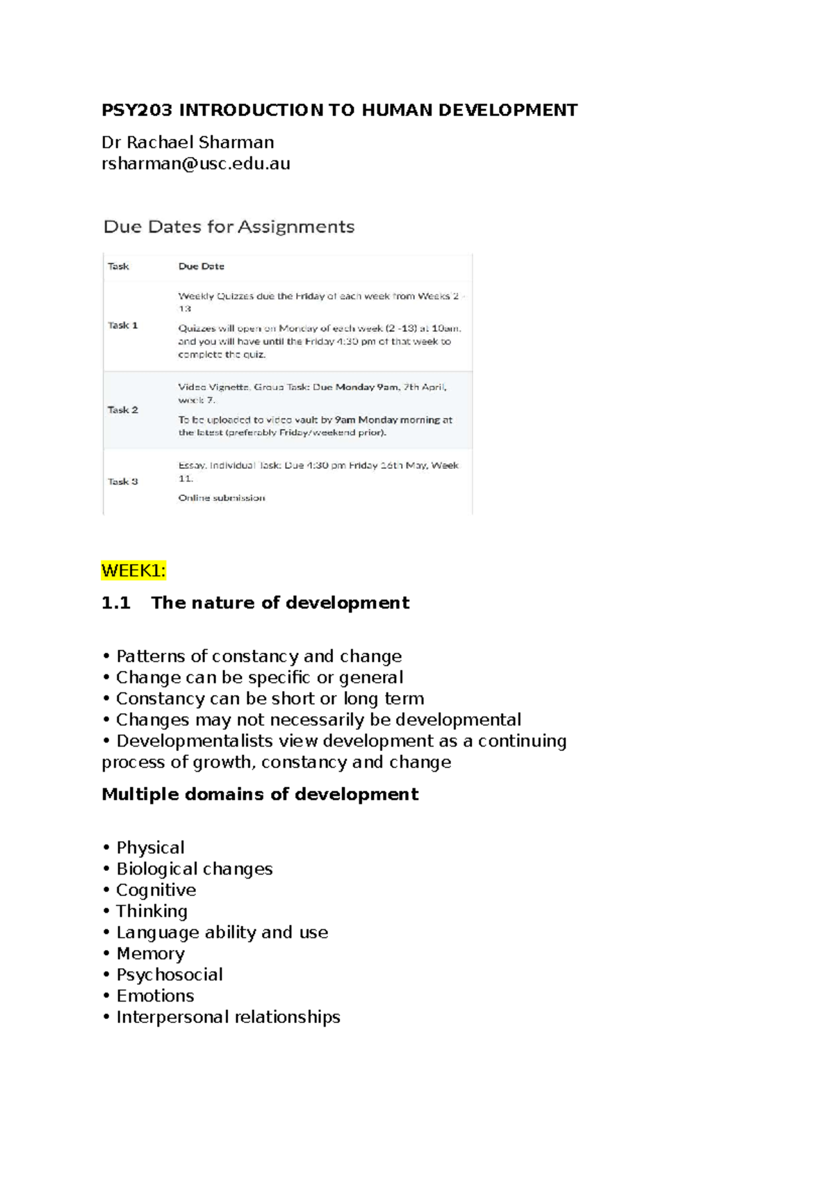 PSY203 INTRODUCTION TO HUMAN DEVELOPMENT: WEEK 1 OVERVIEW - Studocu