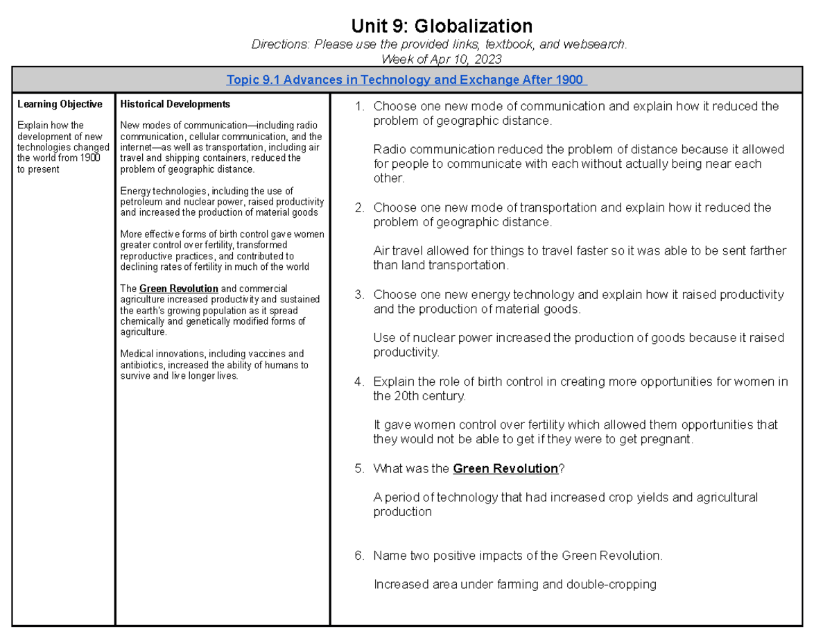 GH AP World history unit 9 review - Unit 9: Globalization Directions ...