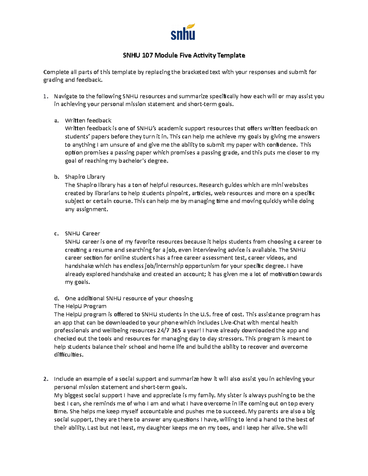 SNHU 107 Module 4 Activity - SNHU 107 Module Five Activity Template ...