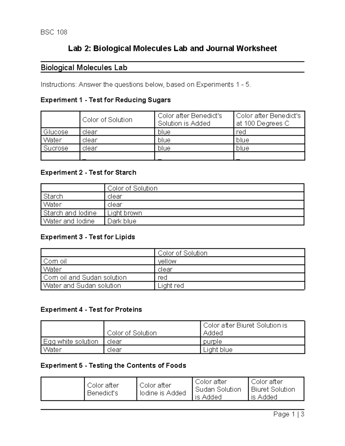 BSC 108 Lab 2: Biological Molecules Lab Worksheet and Journal - Studocu