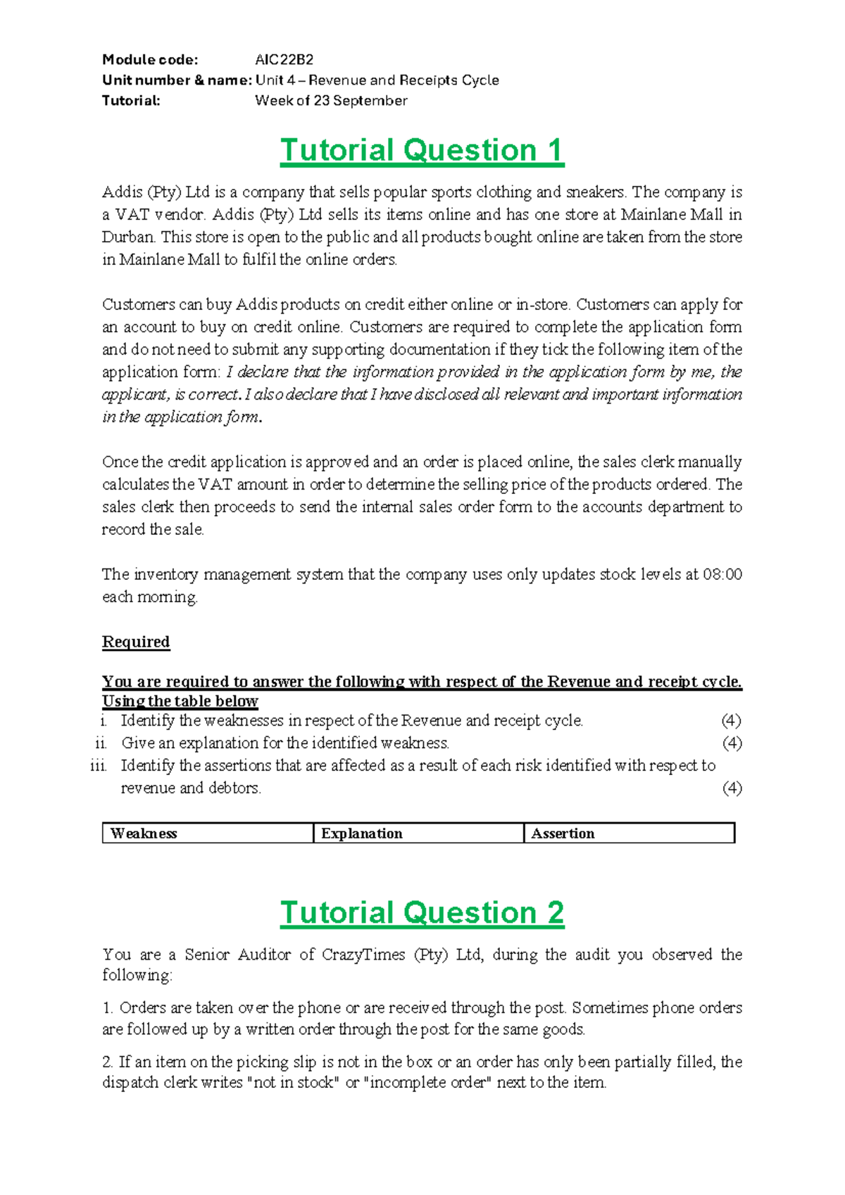 AIC22B2 Unit 4 Revenue and Receipts Cycle Tutorial Questions & Memo ...