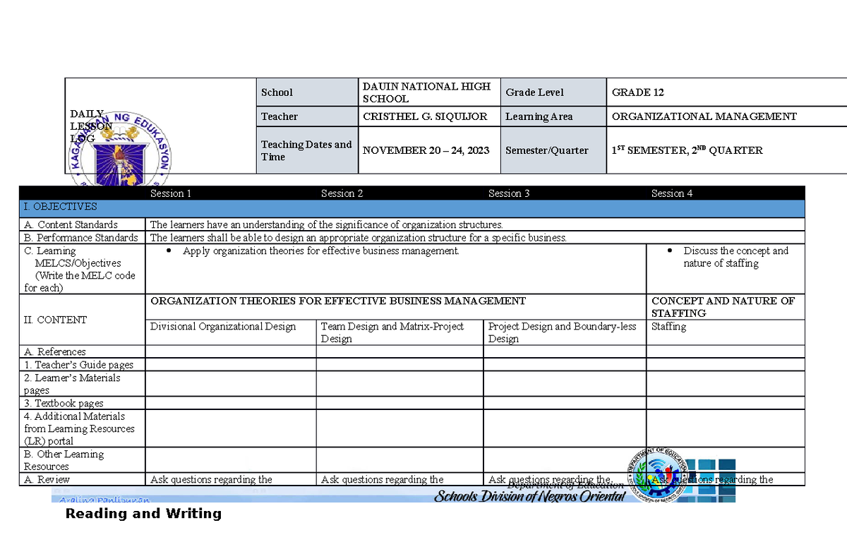Orgman DLP 02 - Grade 12 Lesson Plan for Organizational Management ...