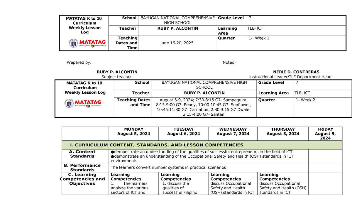 DLL ICT 7 Q1 Week 1: Weekly Lesson Log for Teachers and Students - Studocu