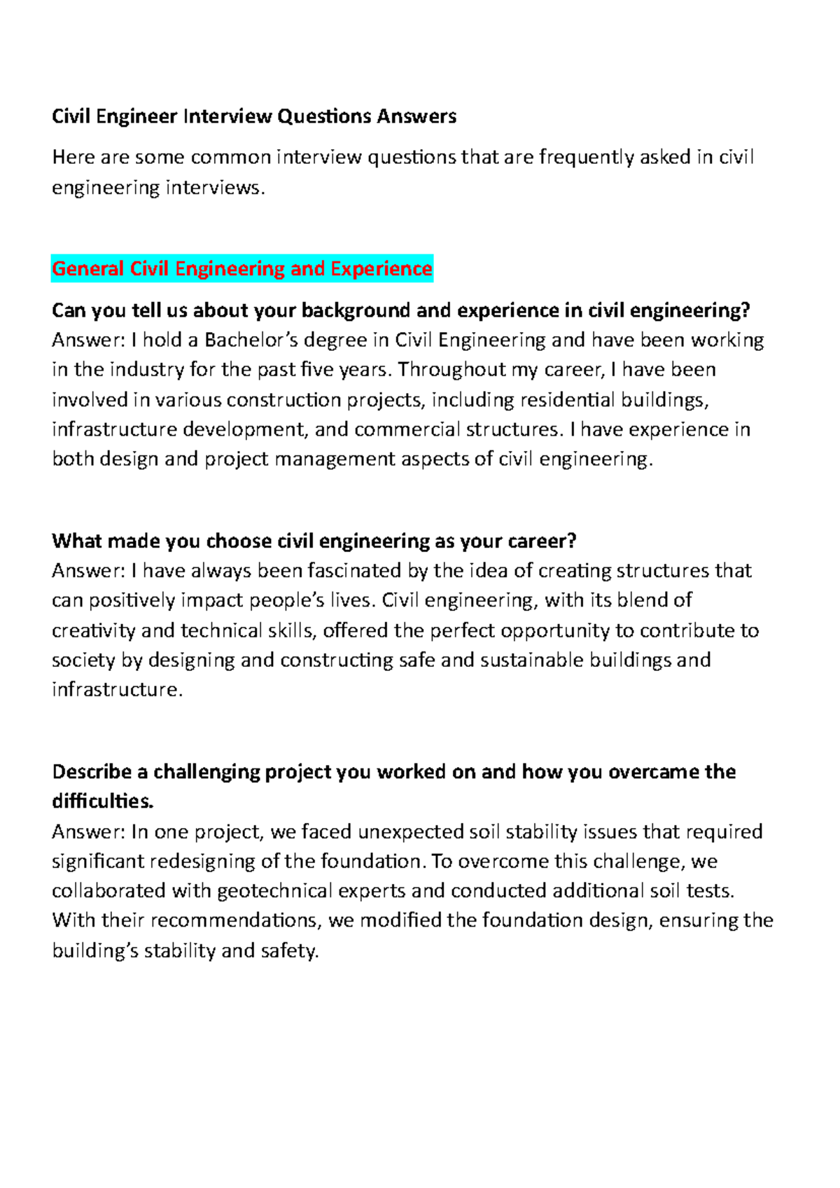 500+ Civil Engineering Interview Questions & Answers Guide - Studocu