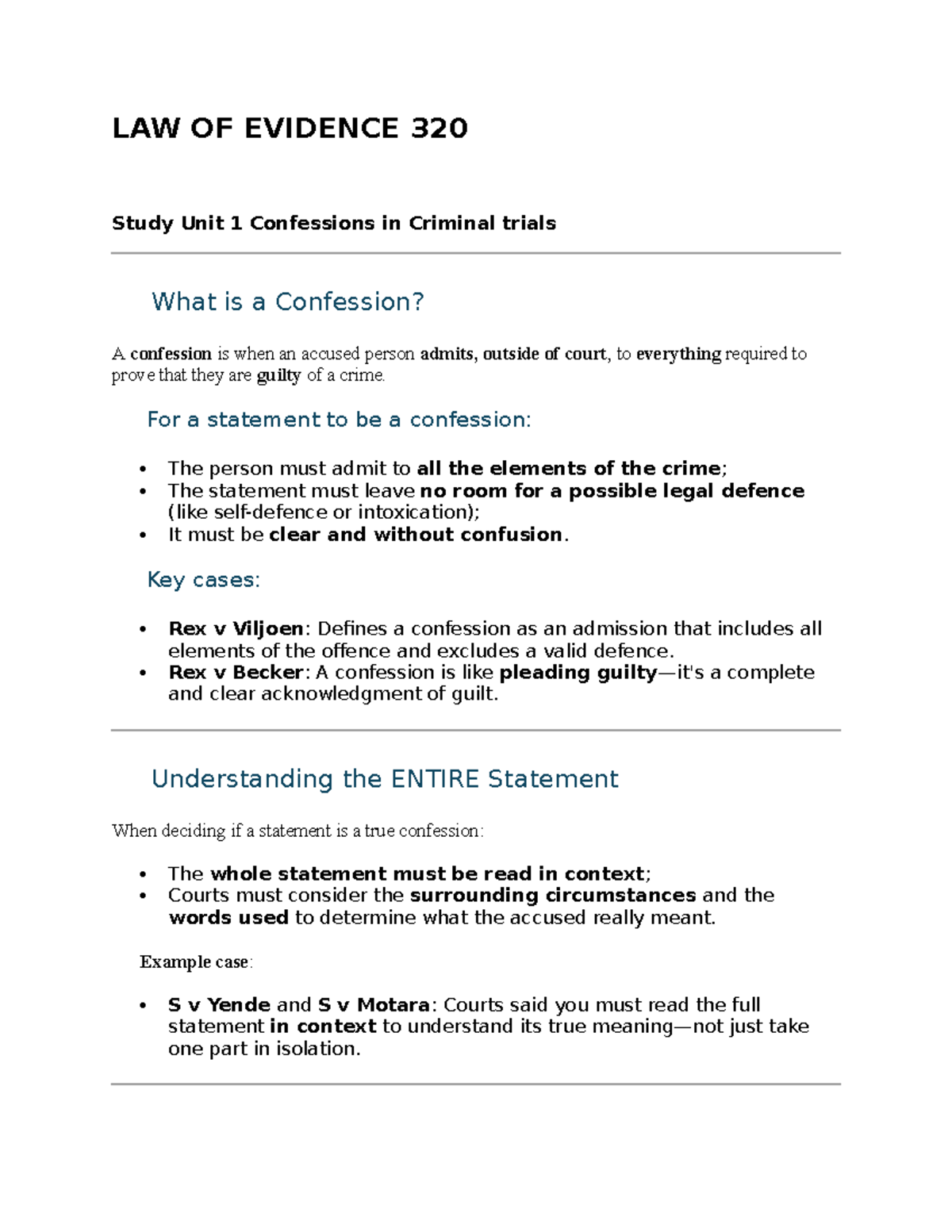 BWR 320 Study Unit 1: Confessions in Criminal Trials Explained - Studocu
