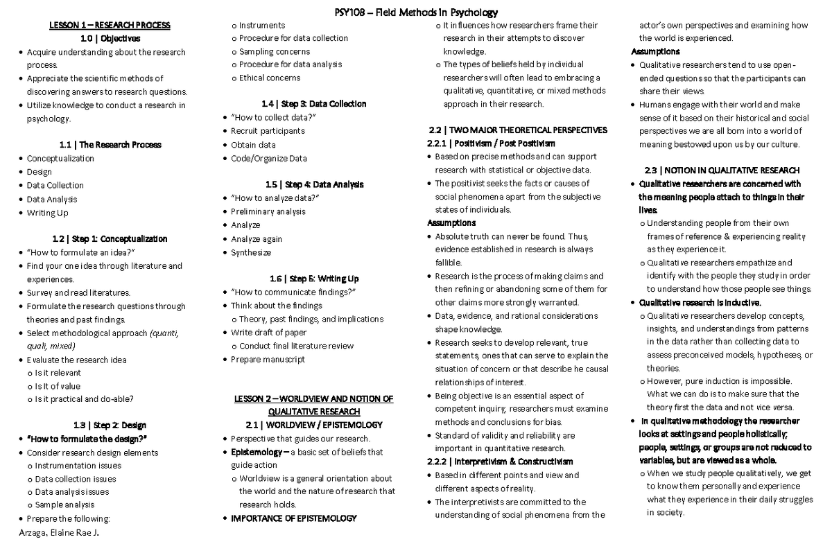 PSY108 Lesson Notes: Research Process & Ethics in Psychology - Studocu