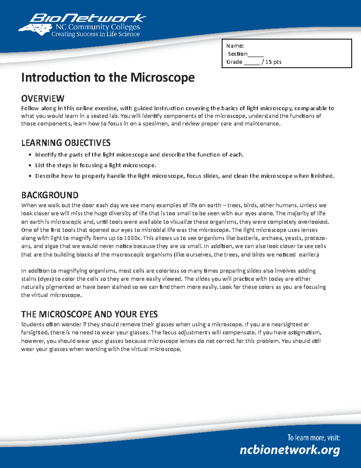 Microscope Lab Handout - Introduction to the Microscope OVERVIEW Follow ...