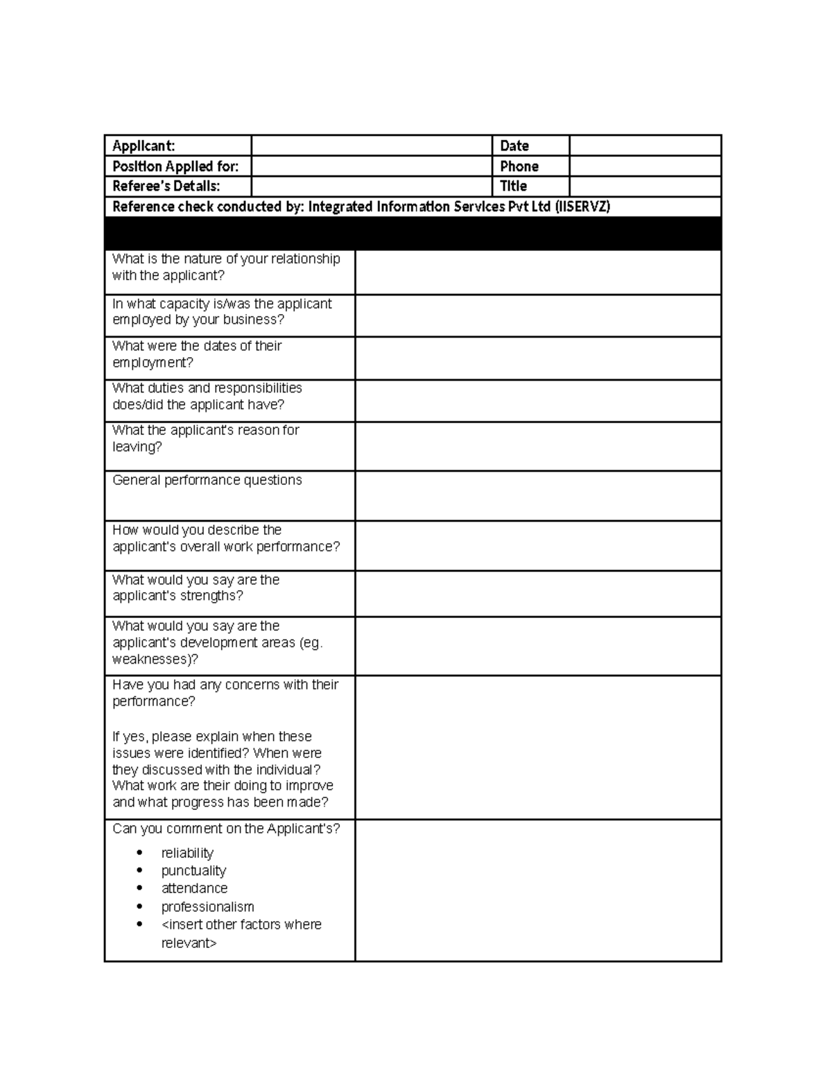 Character Reference Questionnaire - Applicant: Date Position Applied ...