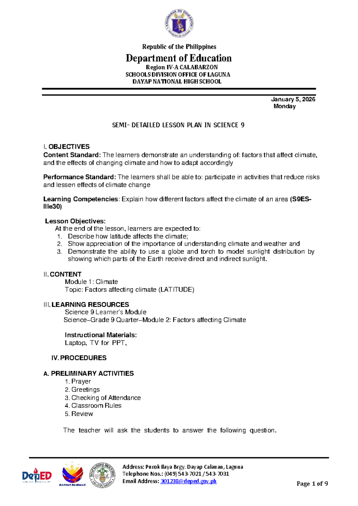 Detailed Lesson Plan in Science 9: Factors Affecting Climate - Studocu