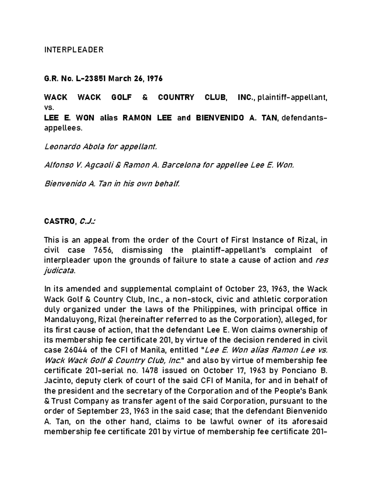 Interpleader Case Analysis under Rule 60: Wack Wack Golf Club vs. Lee ...