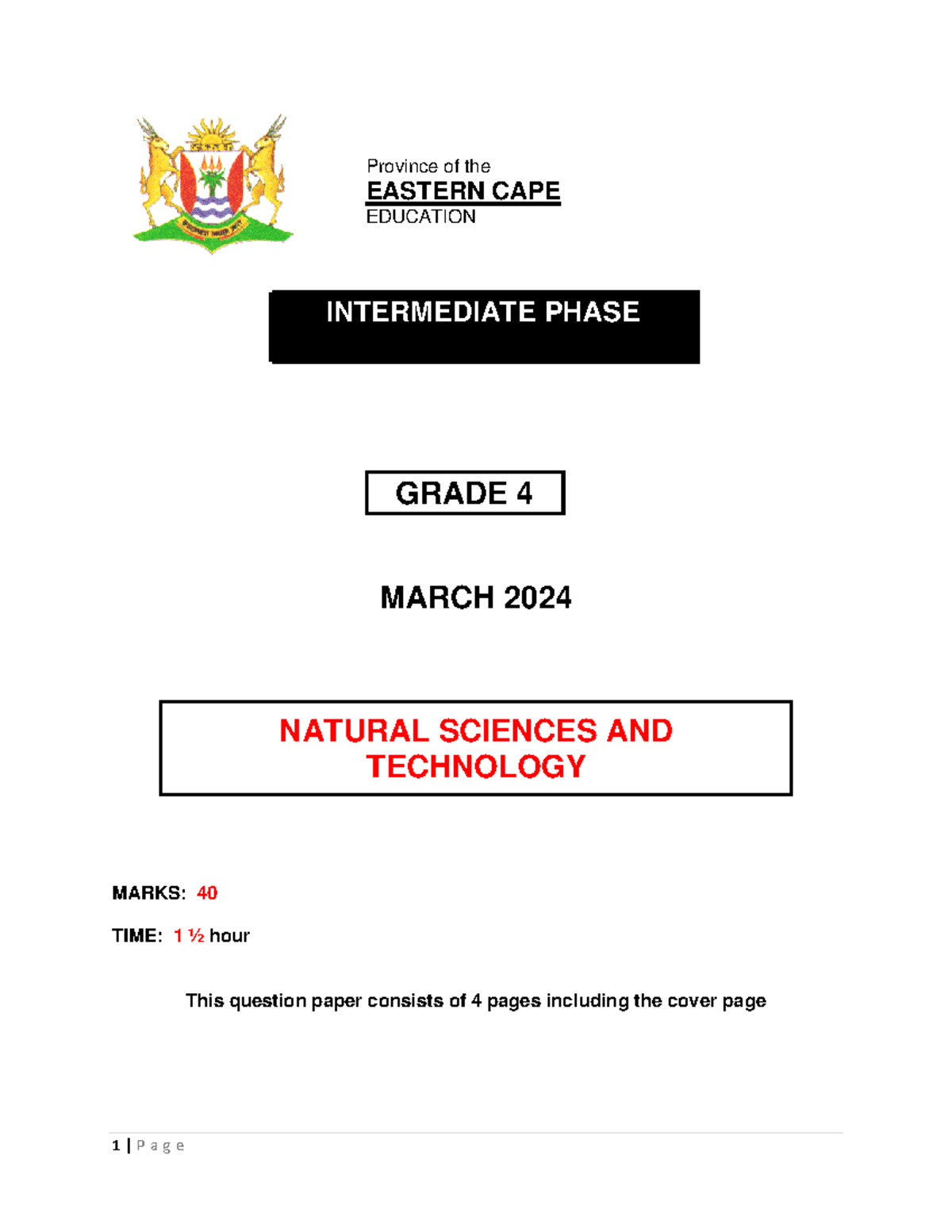 2024 NS Grade 4 Term 1 Test: Natural Sciences & Technology - Studocu