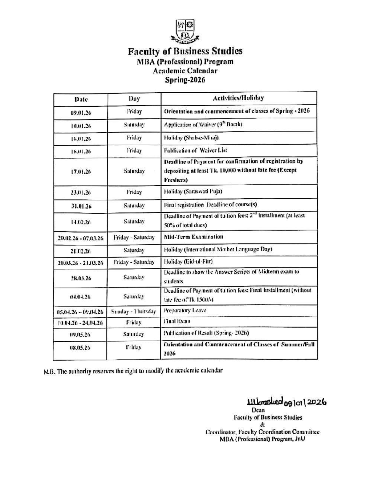 MBA (Professional) Program Academic Calendar Spring 2026 - Studocu