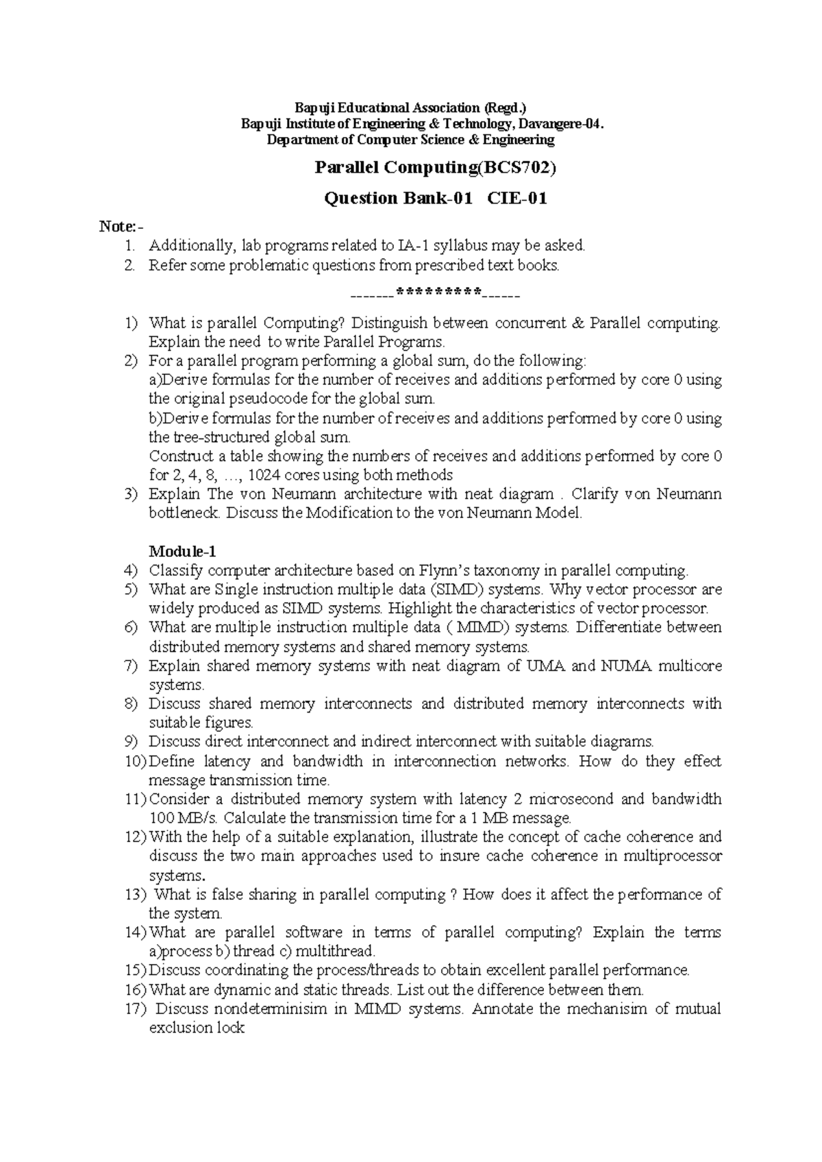 BCS702 Parallel Computing Question Bank: Key Concepts & Problems - Studocu