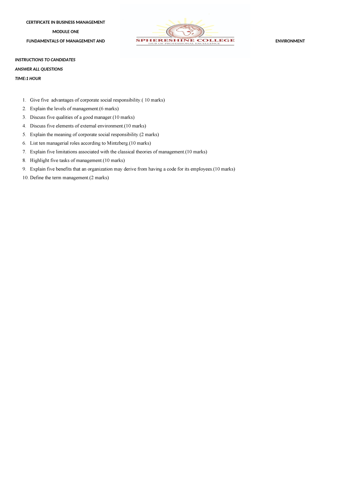 CERTIFICATE IN BUSINESS MANAGEMENT: MODULE 1 CAT INSTRUCTIONS - Studocu