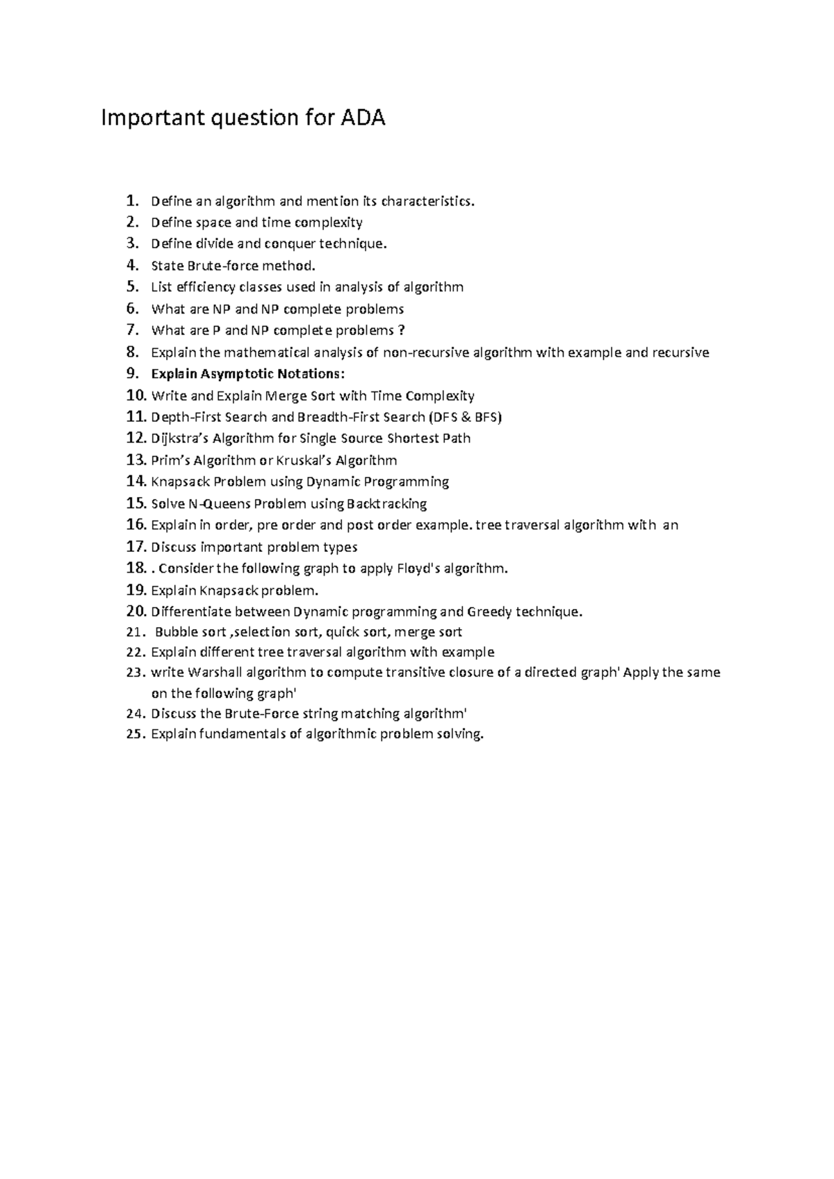 Important Questions for ADA: Algorithms, Complexity & Techniques - Studocu