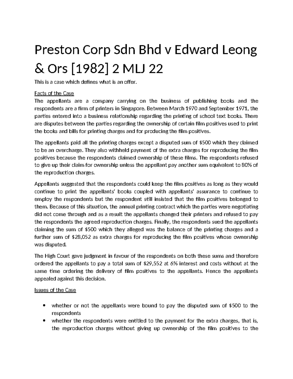 Case Summary: Preston Corp Sdn Bhd v Edward Leong & Ors [1982] 2 MLJ 22 ...