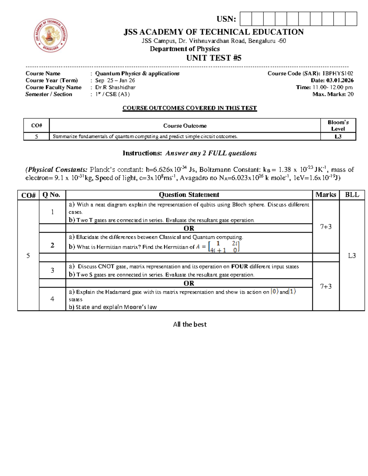 Unit Test 5: Quantum Computing Applications (Course Code: 1BPHYS102 ...