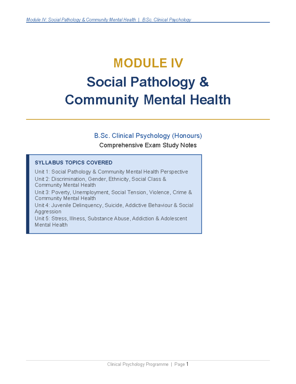 Module IV: Social Pathology & Community Mental Health Study Notes - B ...