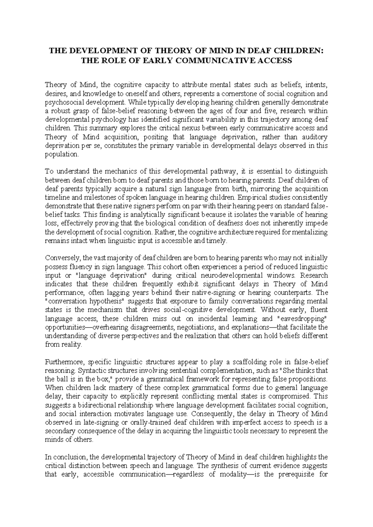 Theory of Mind Development in Deaf Children: Early Communicative Access ...