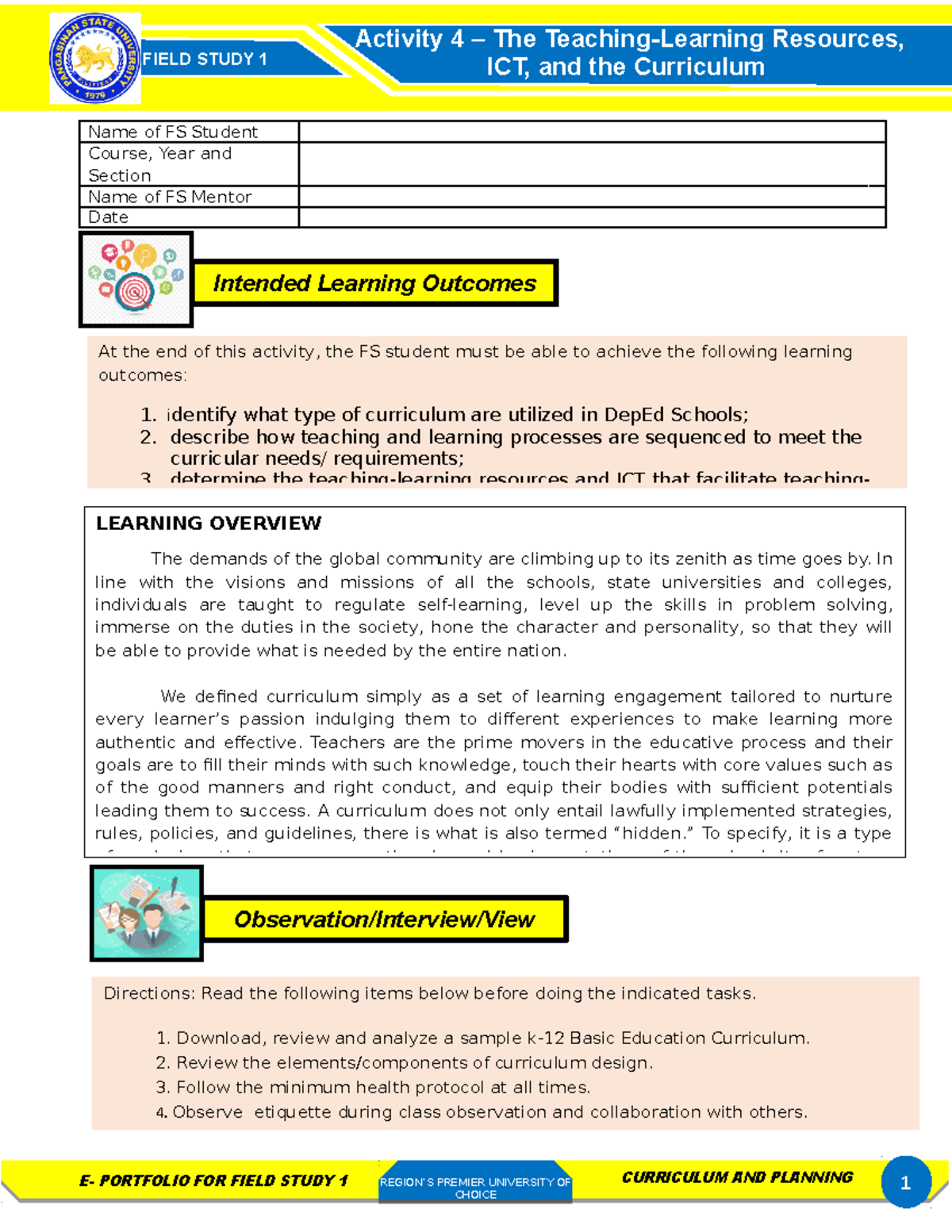 FS1-Activity-4: E-Portfolio Insights on Curriculum and Planning - Studocu