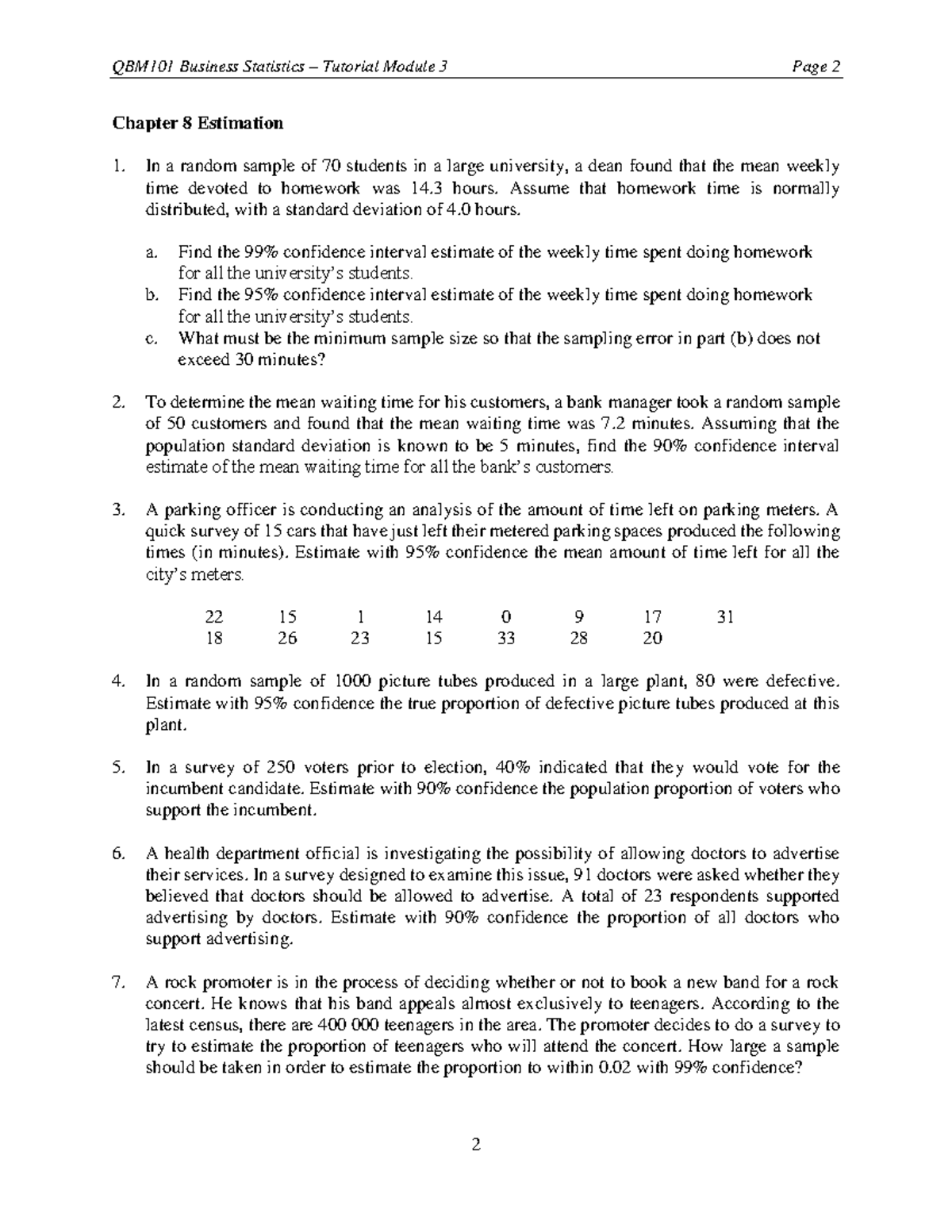 QBM101 Business Statistics – Tutorial 9: Confidence Intervals ...