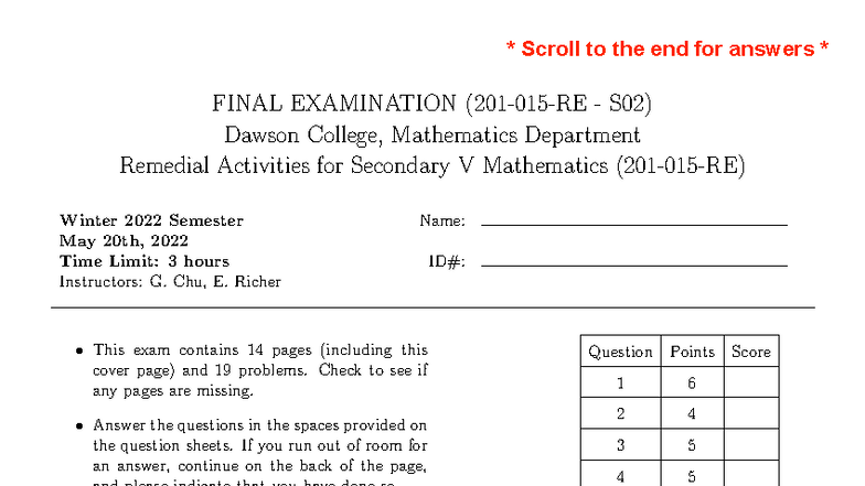 Mathematics Remedial Activities Final Exam (S02) - Winter 2022 - Studocu