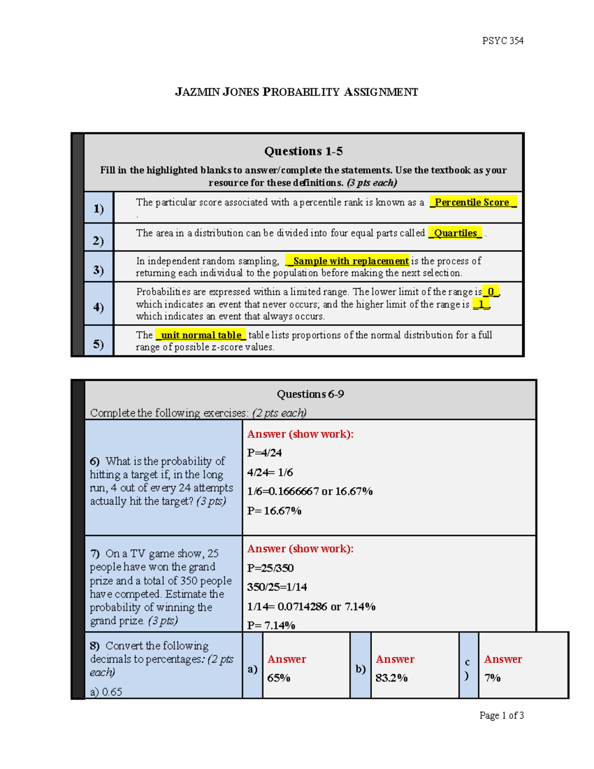 PSYC 354 Probability Assignment - Jazmin Jones Homework Guide - Studocu