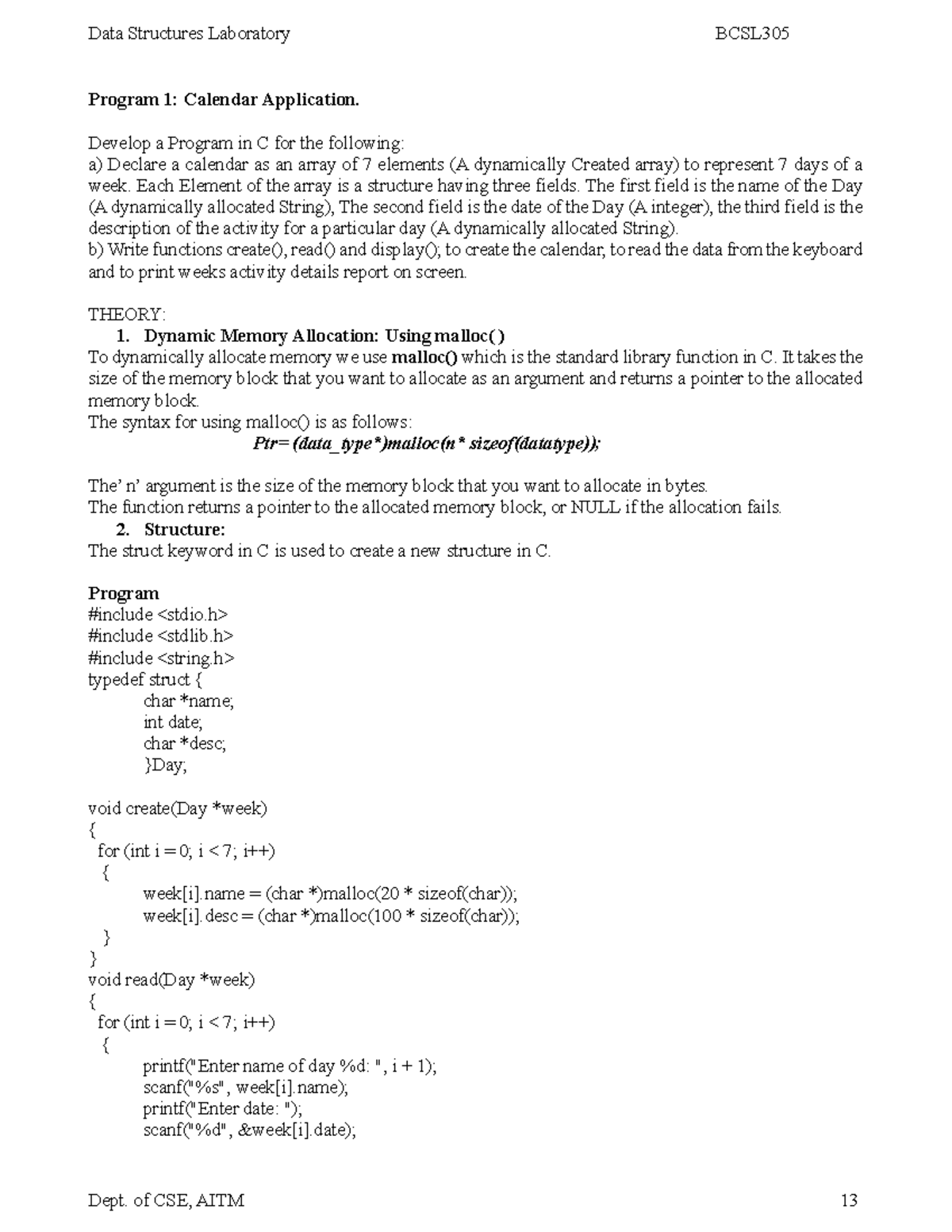 BCSL305 Program 1: C Calendar Application Structure and Functions - Studocu