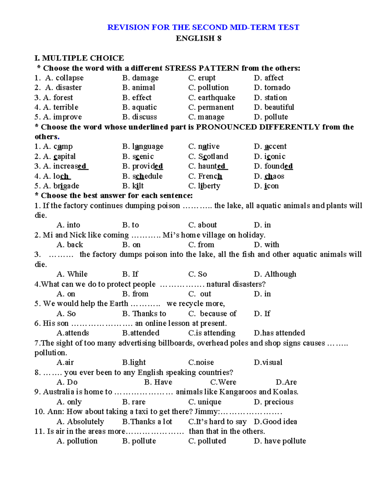 REVISION FOR ENGLISH 8 MIDTERM TEST: MULTIPLE CHOICE & READING - Studocu