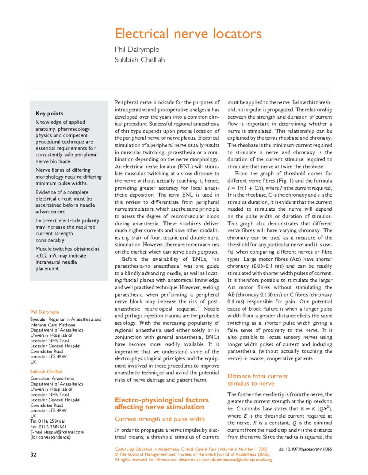 Electrical Nerve Locator in Anaesthesia - 2006 CE Anaesthesia Critical ...
