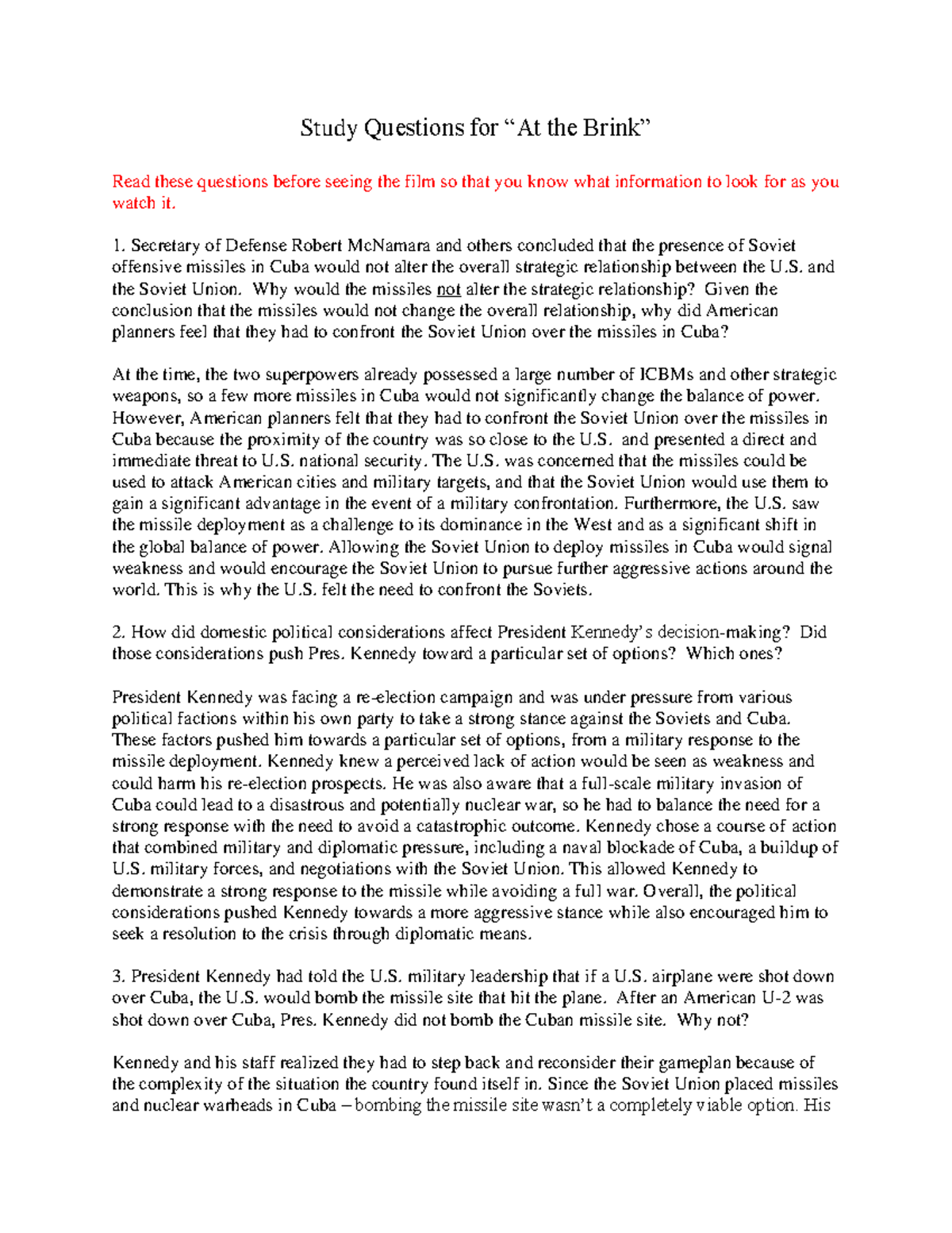 At the Brink Answers - dkfjhdkfjdkhi - Study Questions for “At the ...