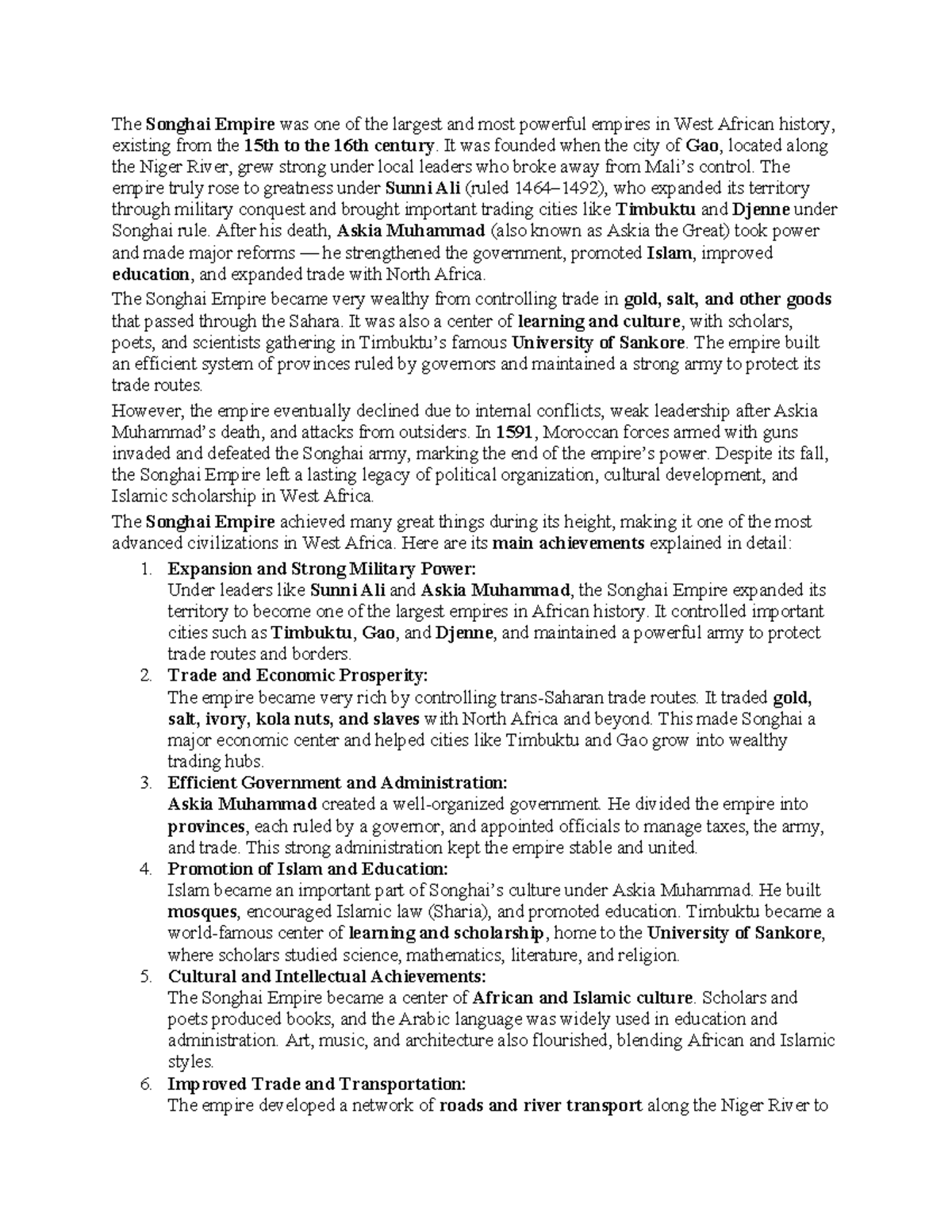 Songhai Empire: Key Achievements Under Sunni Ali - Studocu