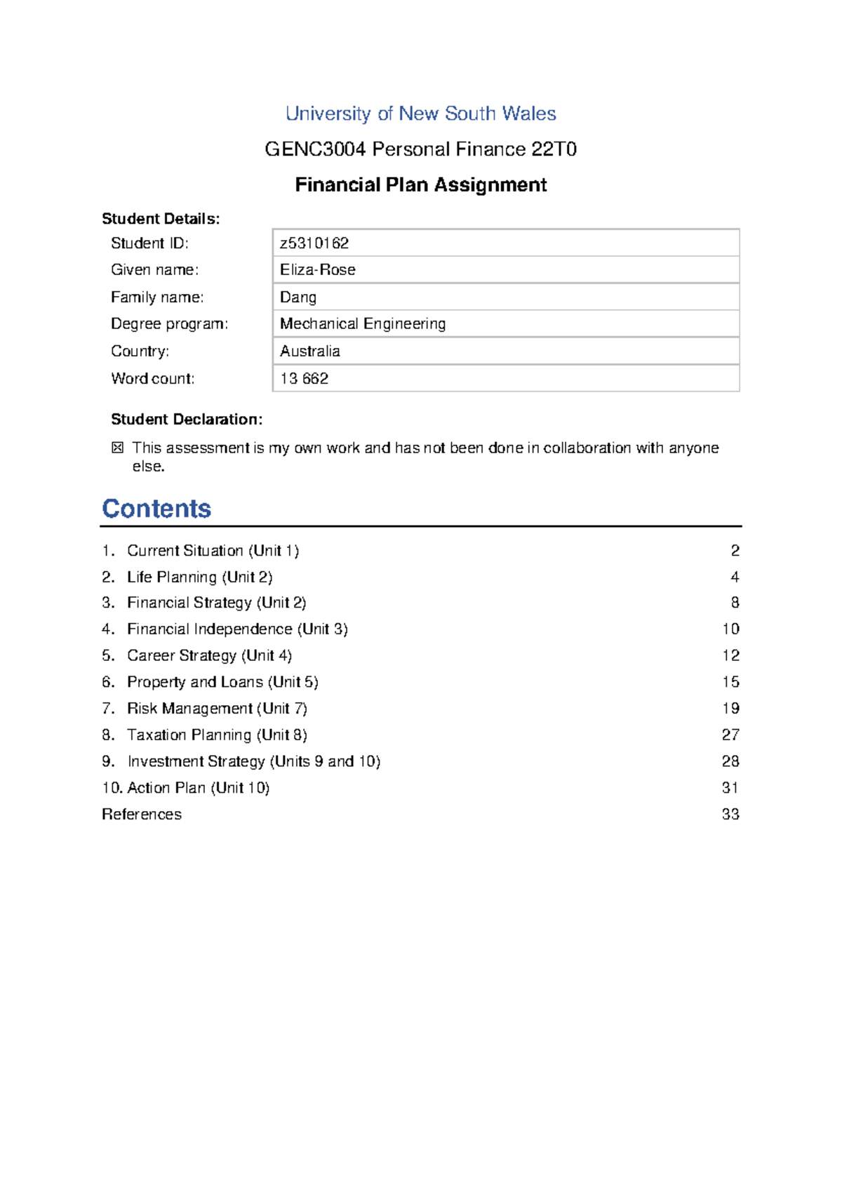 GENC3004 Personal Finance 22T0: Comprehensive Financial Plan Assignment ...