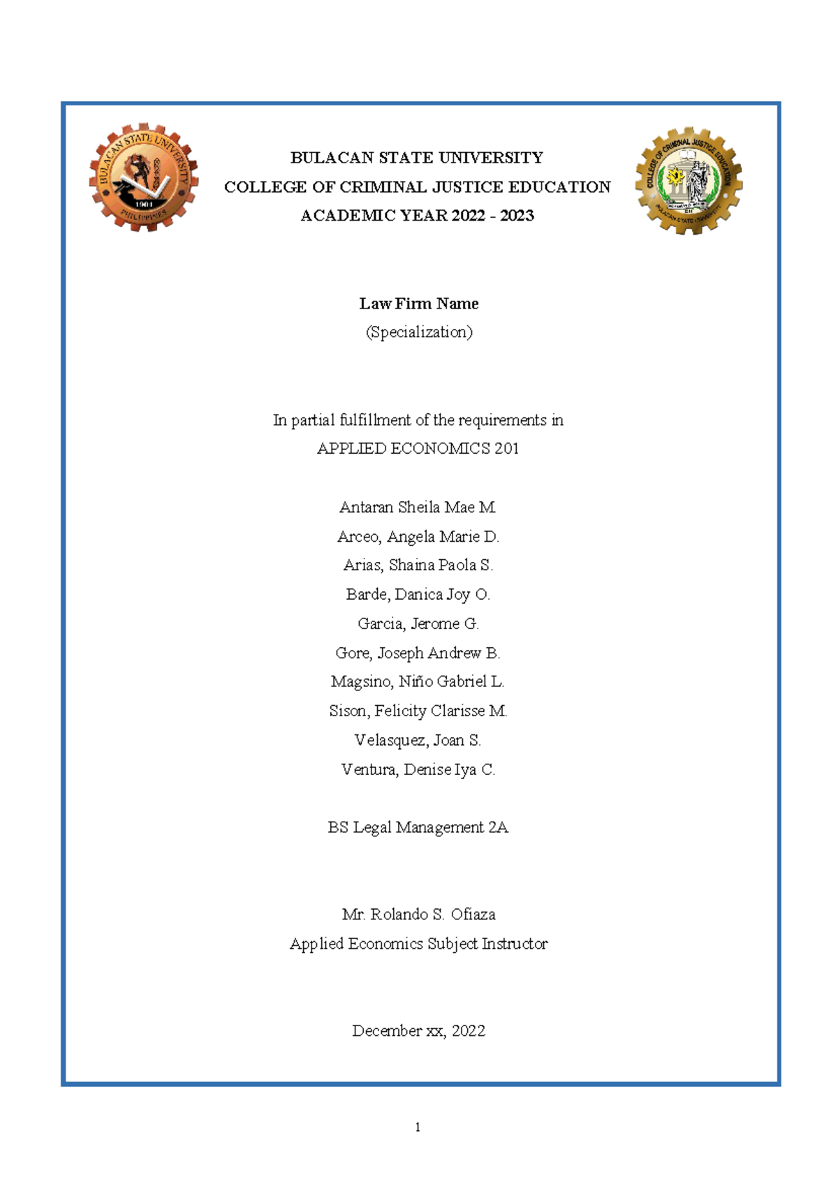 Applied Economics 201: Law Firm Project Template for AY 2022-2023 - Studocu