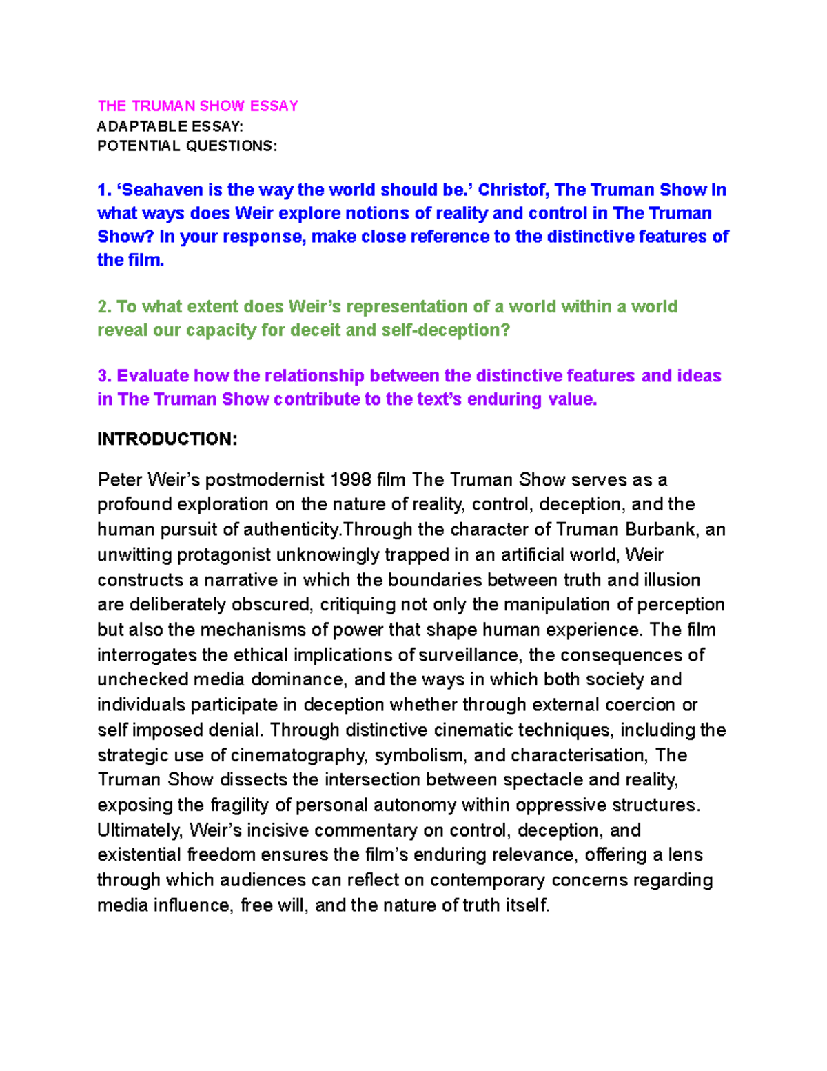 THE TRUMAN SHOW (ENG 101) Essay: Exploring Reality and Control - Studocu