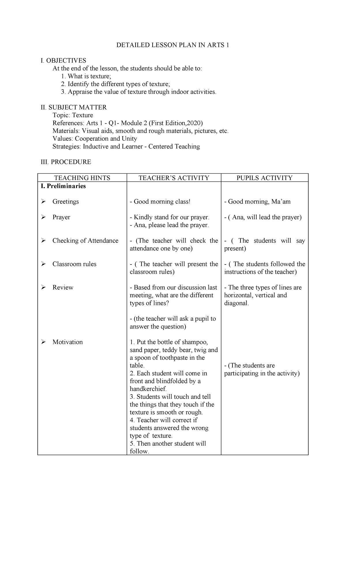 Arts 1 Detailed Lesson Plan on Texture with Activities and Evaluation ...