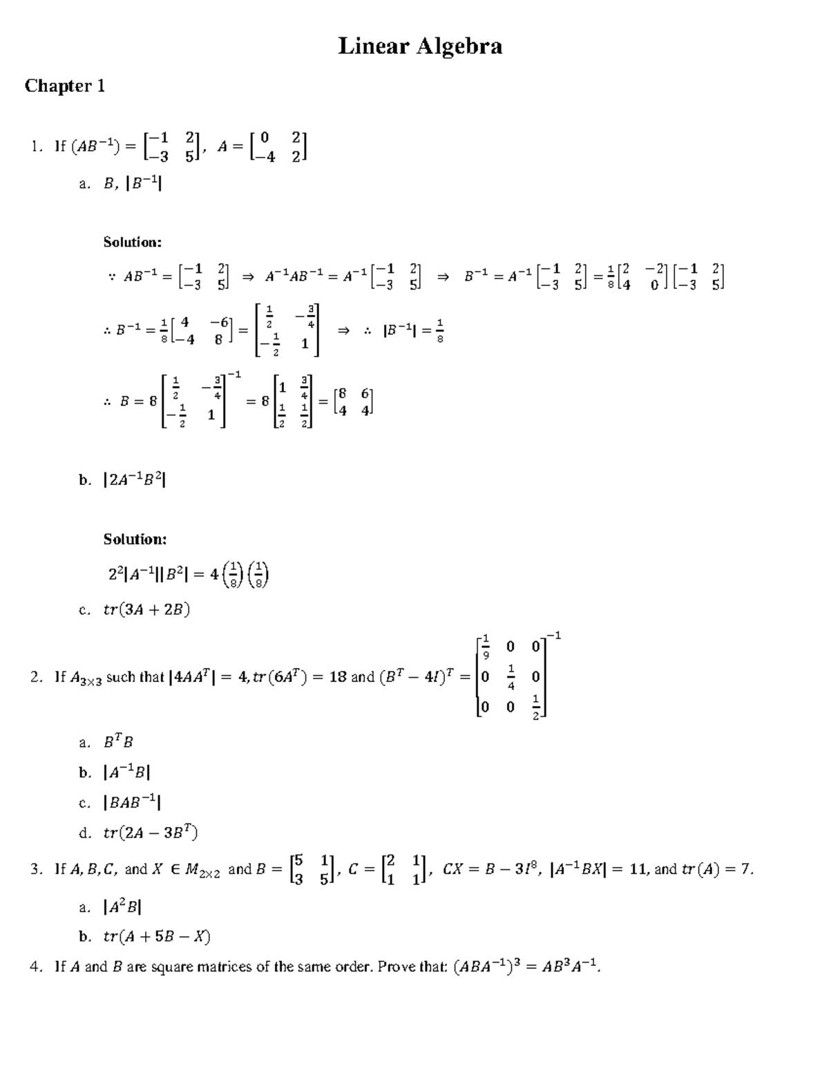 Linear Algebra Chapter 1 Exercises and Solutions - Studocu