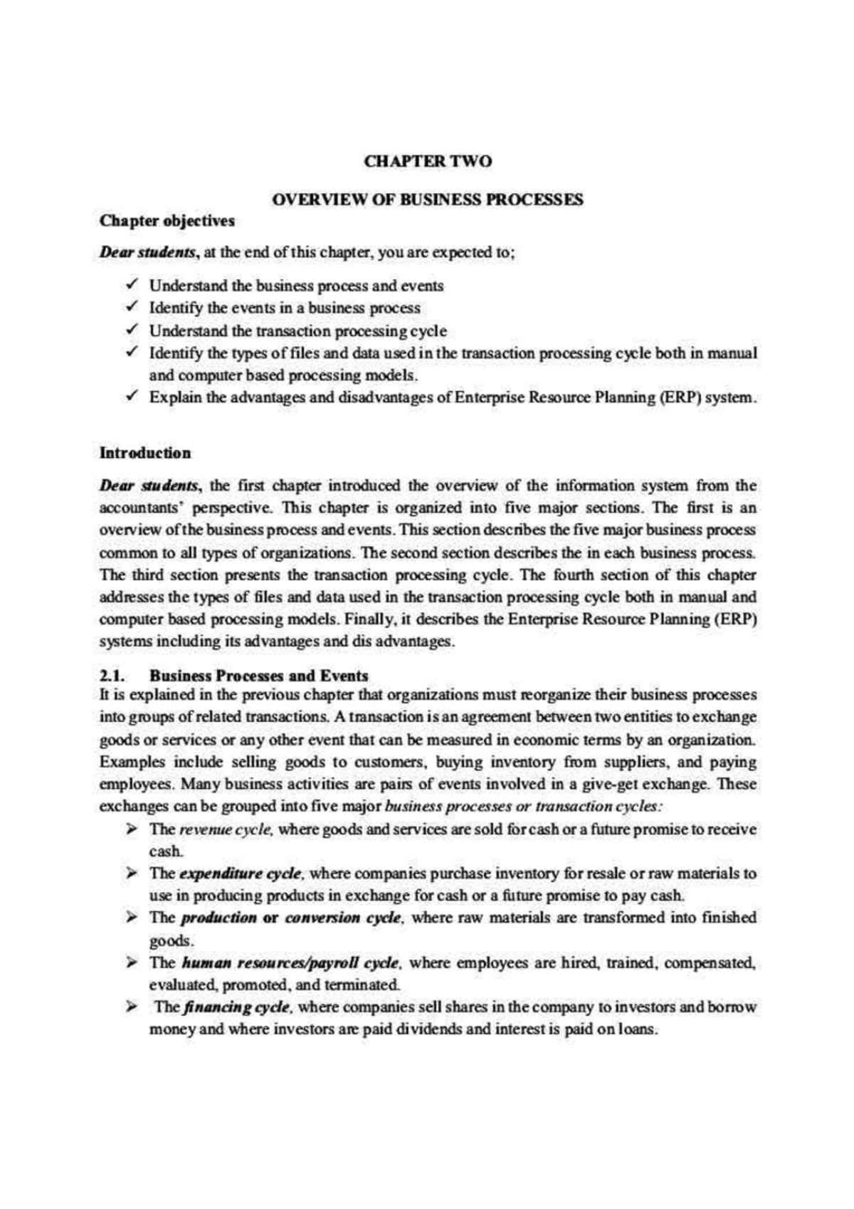 AIS-CH2: Overview of Business Processes and Transaction Cycles - Studocu