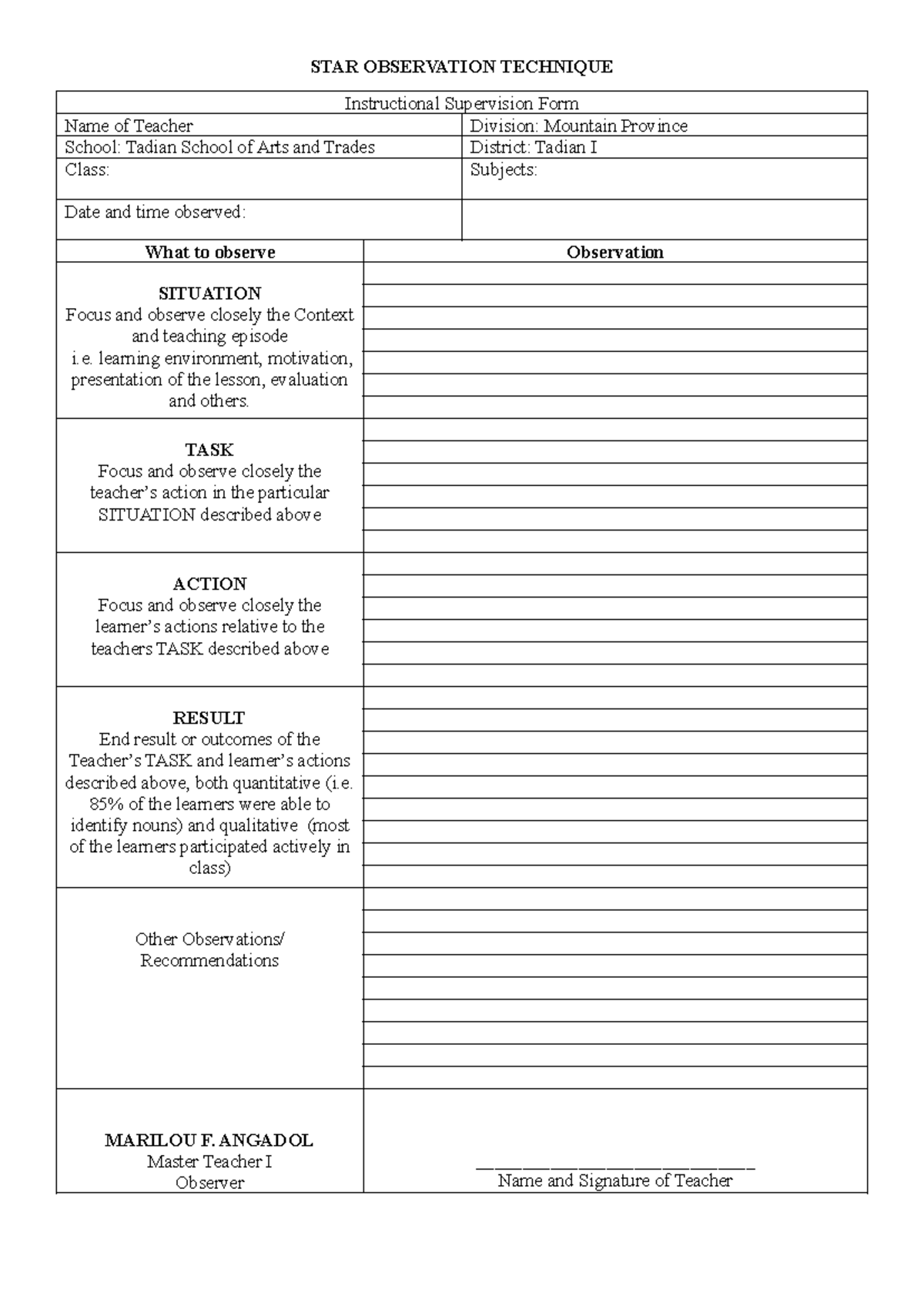 STAR Observation Technique: Instructional Supervision Form - Studocu