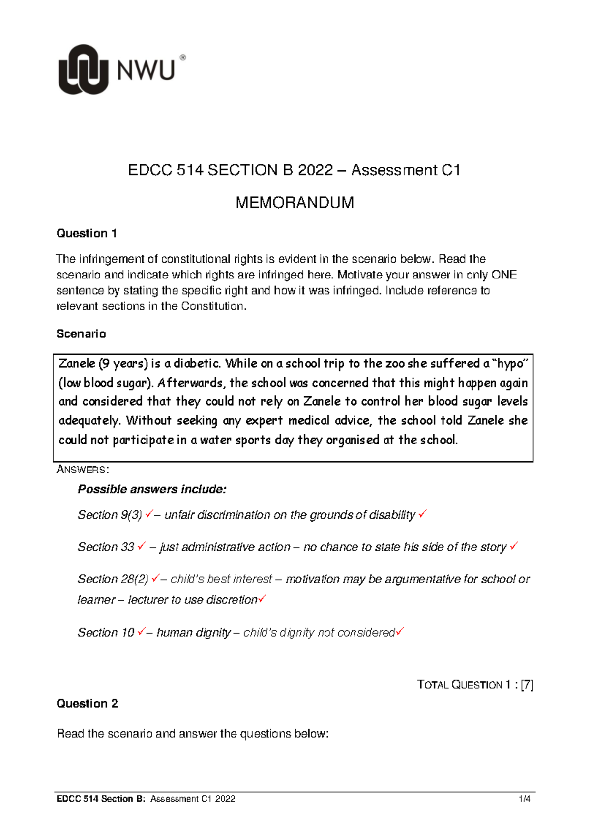 EDCC 514 Section B 2022 Assessment C1 Memorandum Analysis - Studocu