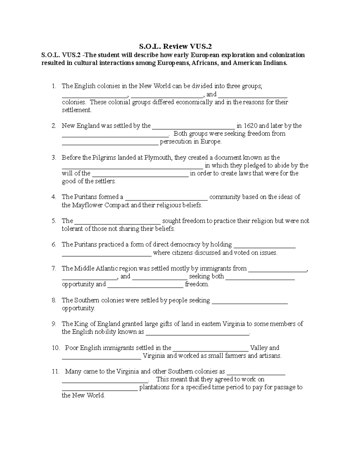 Virginia and US - S.O. Review VUS. S.O. VUS -The student will describe ...