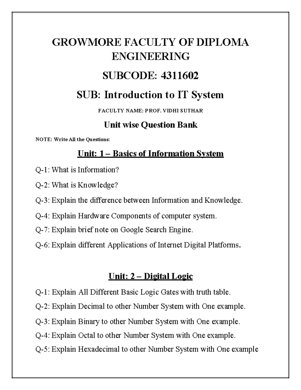 ITS 4311602: Unit-wise Question Bank for Introduction to IT System - Studocu