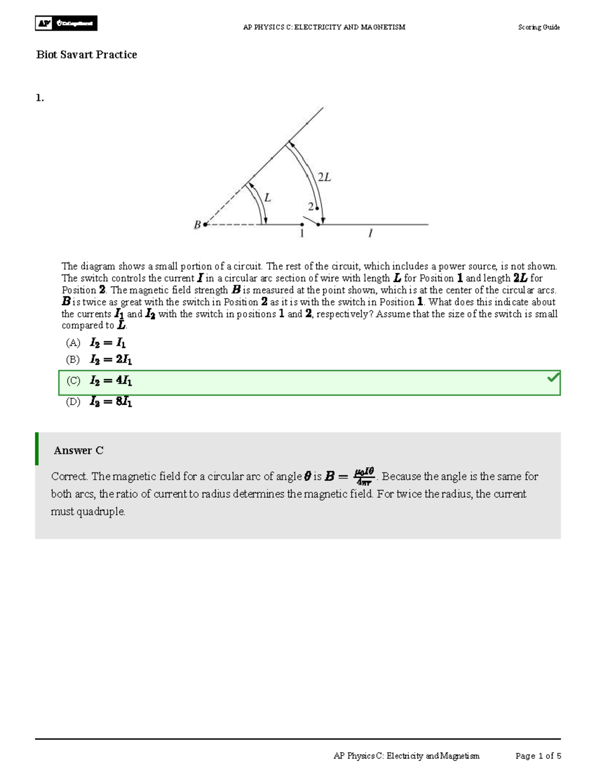 AP PHYSICS C: ELECTRICITY AND MAGNETISM Biot Savart Practice KEY - Studocu