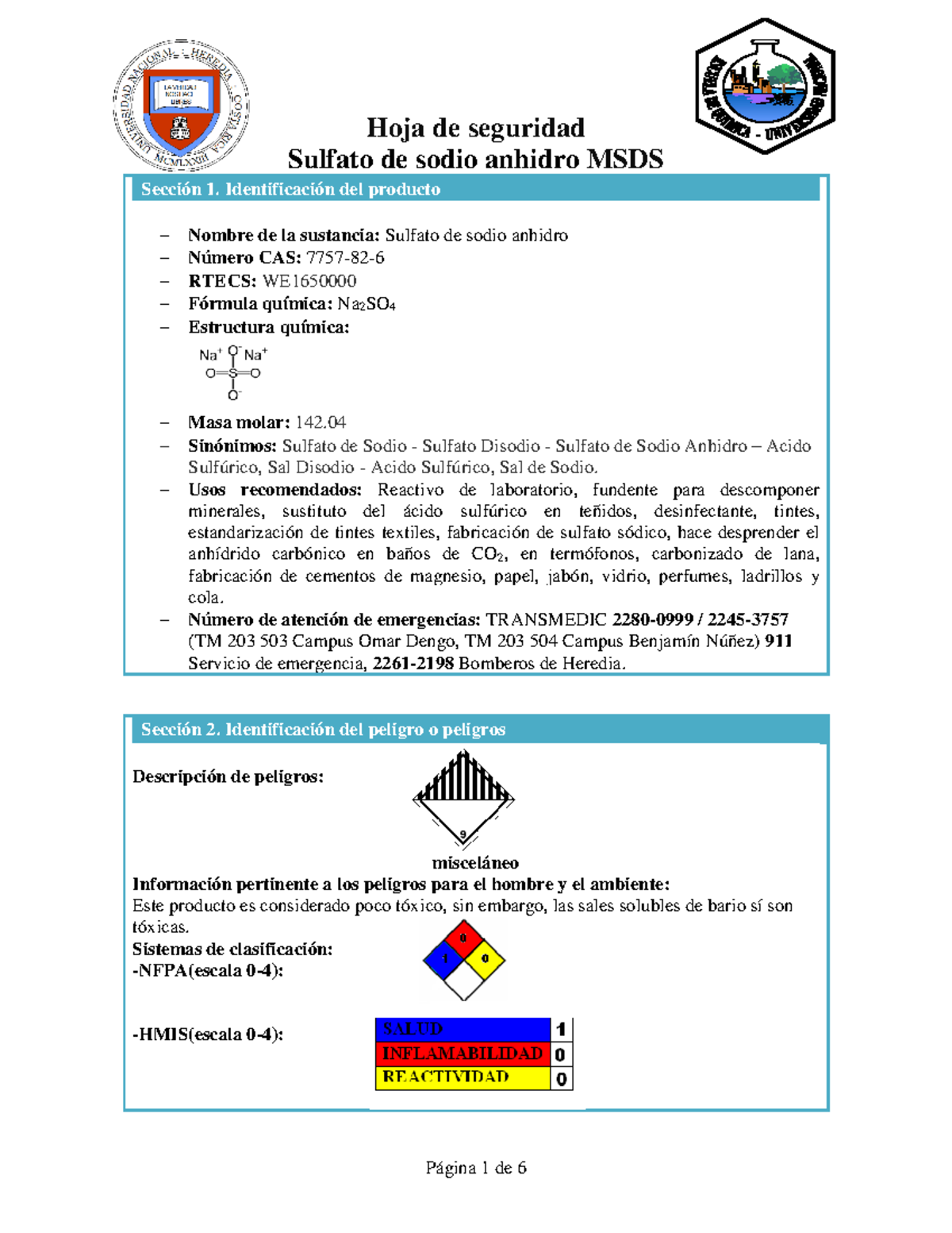 Sulfato De Sodio Anhidro Msds