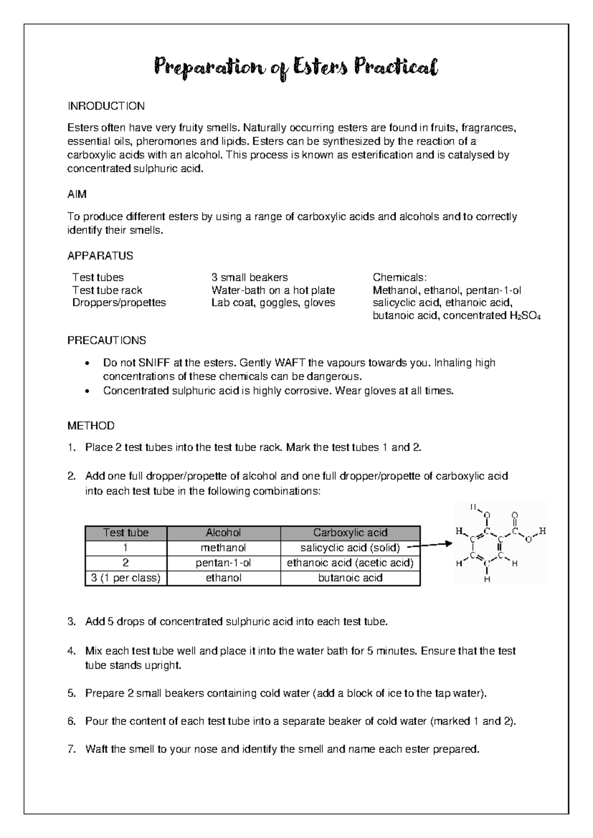 Preparation of Esters Practical (Chem 101) - Studocu