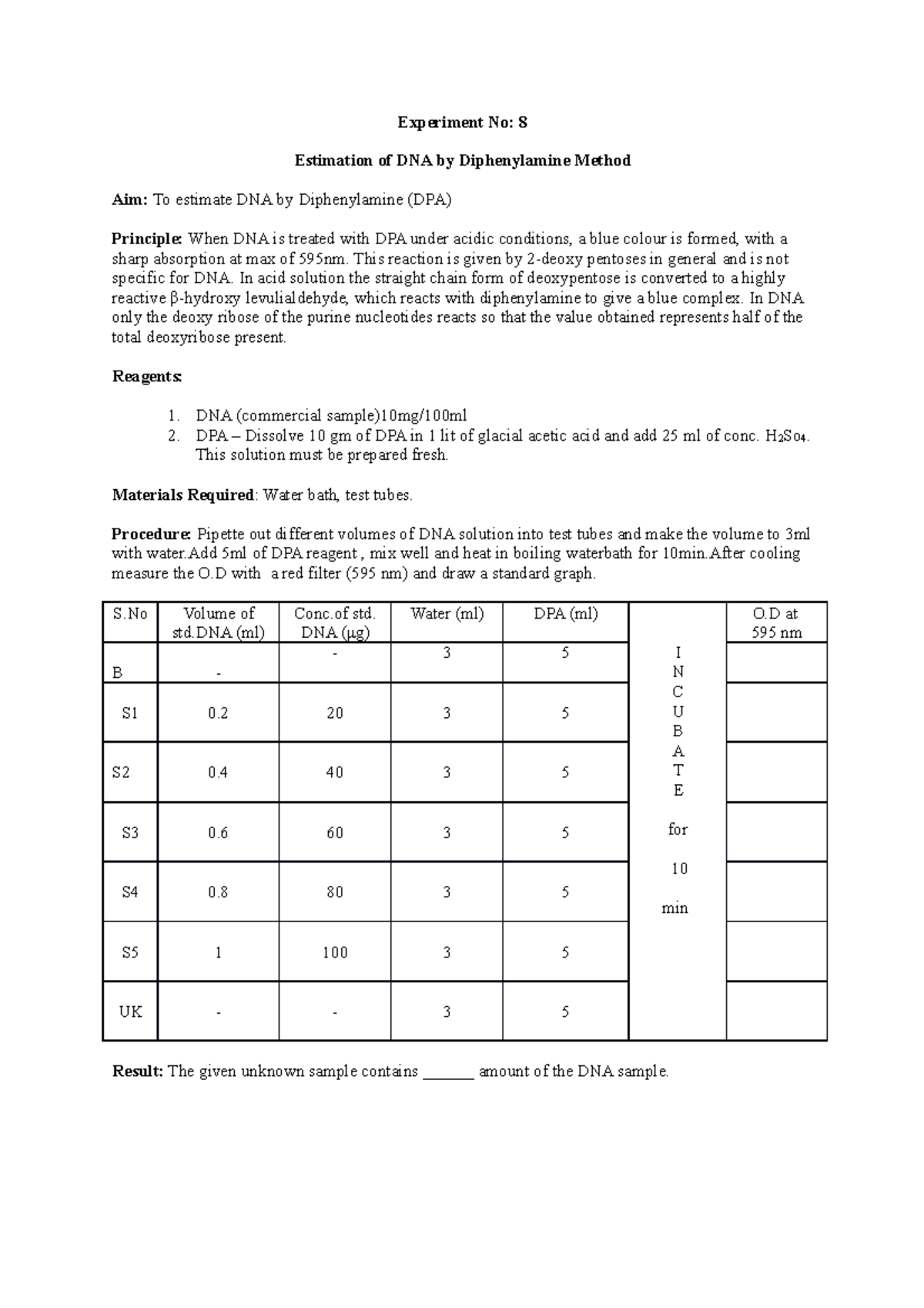Estimation of DNA by Diphenylamine Method - Experiment 8 Guide - Studocu