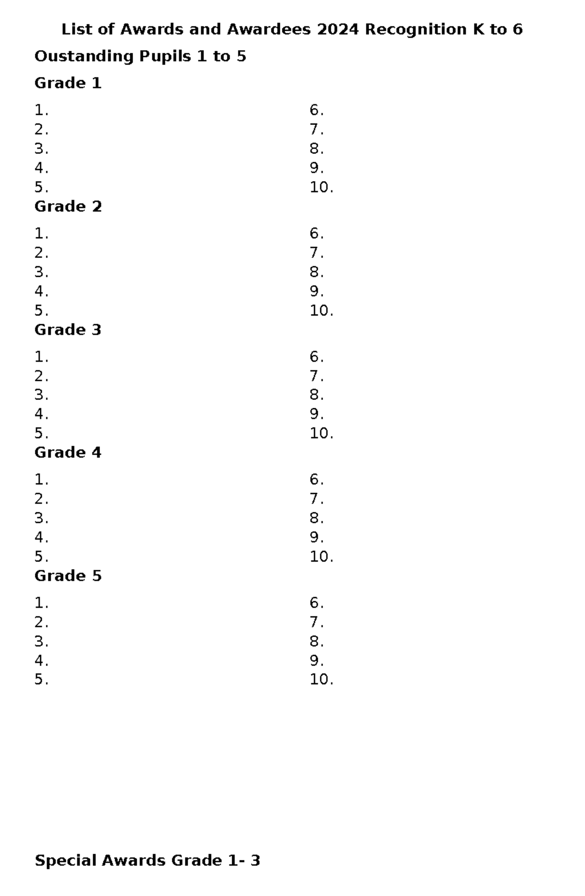 List of Awards and Awardees 2024 Recognition K to 6 - Studocu