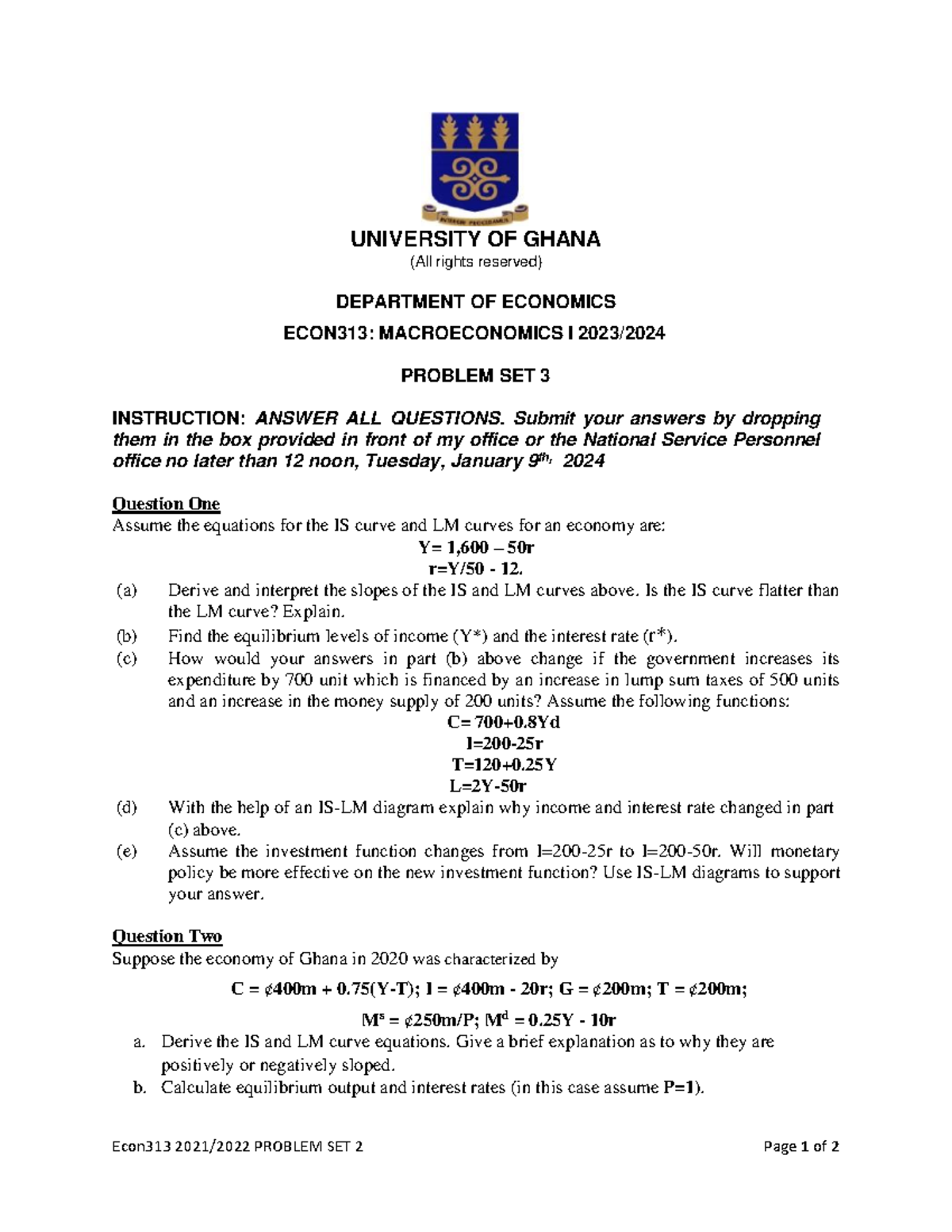 ECON 313 2023 Problem SET 3 231222 062541 - Econ313 2021 /202 2 PROBLEM SET 2 Page 1 of 2 ...