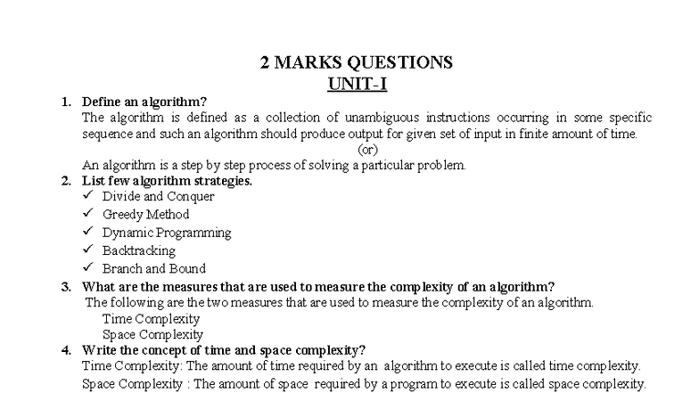 2 MARKS QUESTIONS ON ALGORITHMS AND DATA STRUCTURES - Studocu